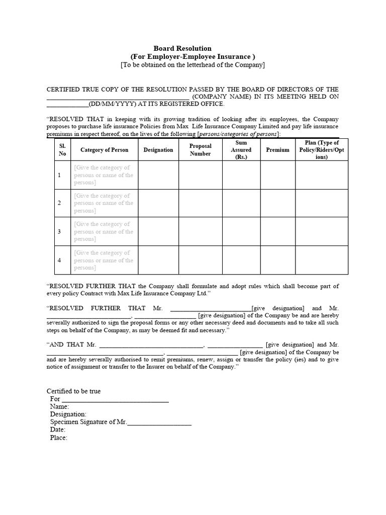 Board Resolution format - Employer Employee | PDF | Life Insurance ...