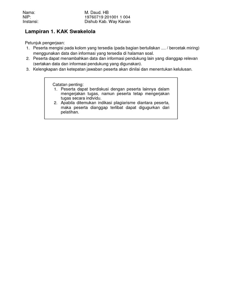 M. Daud HB - Lampiran 01 - KAK Swakelola Tipe III | PDF