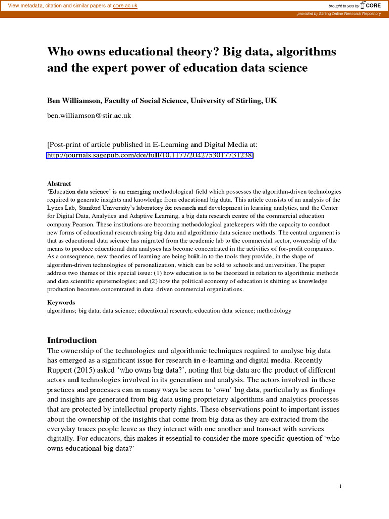 Who Owns Educational Theory Big Data, Algorithms and The Expert Power ...