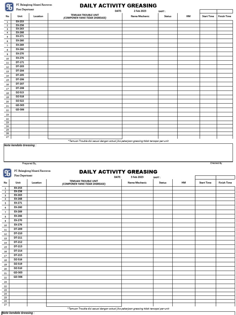 Form Daily Activity Greasing | PDF