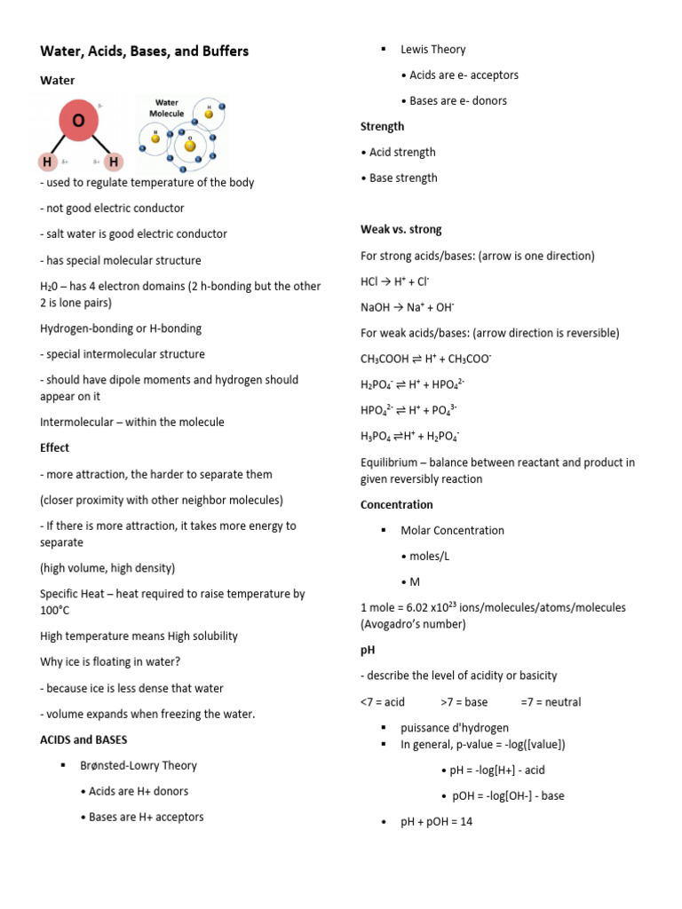 Chemistry Basics: Water & Buffers | PDF | Acid | Buffer Solution