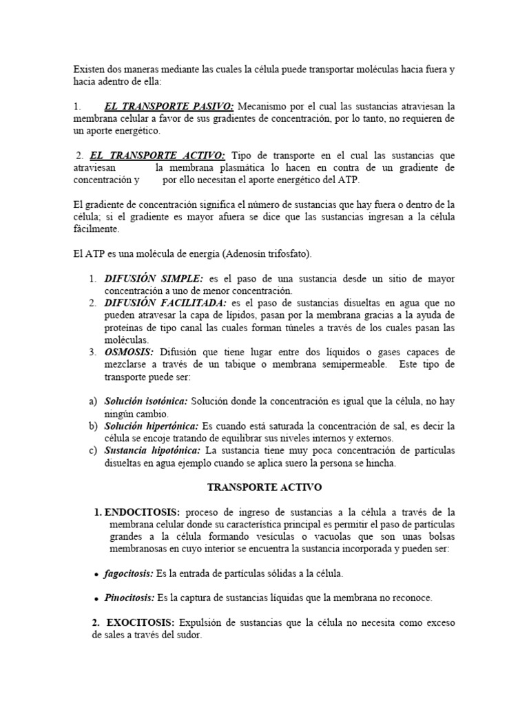 Transporte celular: pasivo y activo | PDF | Ciencia y matemáticas