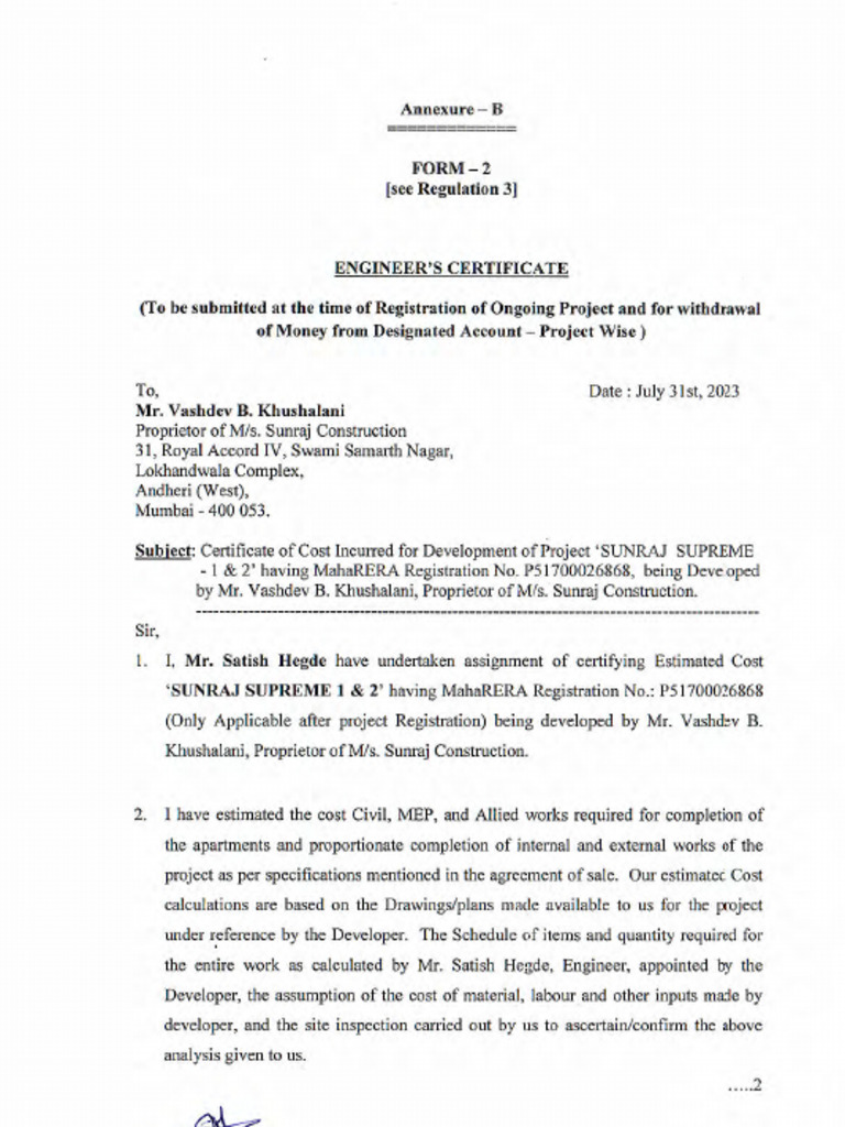 15 Engineer's Certificate On Cost Incurred On Project (Form 2) | PDF