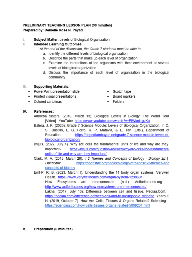 Lesson Plan Levels of Biological Organization | PDF | Tissue (Biology ...