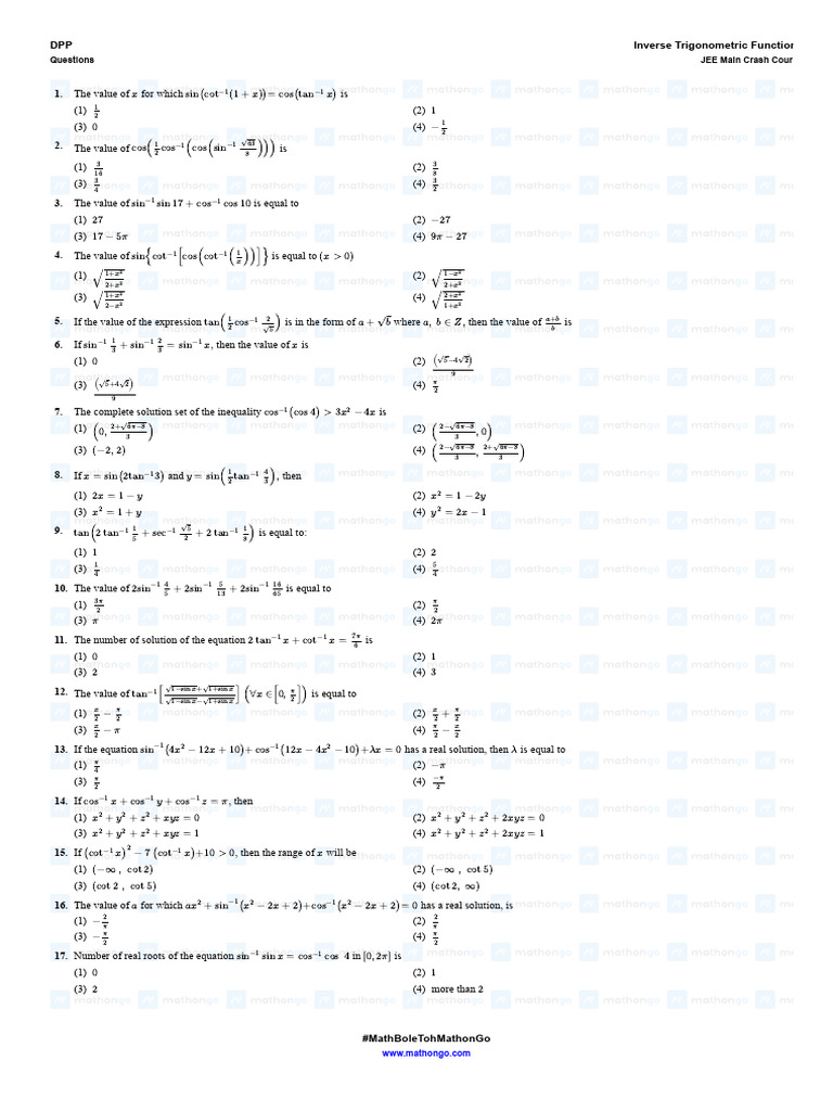 Question DPP Inverse Trigonometric Functions JEE Main Crash Course MathonGo | PDF ...