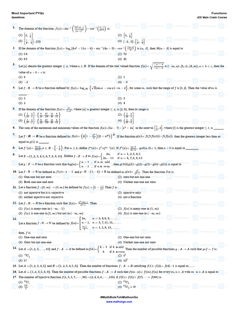 Question Most Important PYQs Functions JEE Main Crash Course MathonGo | PDF | Function ...