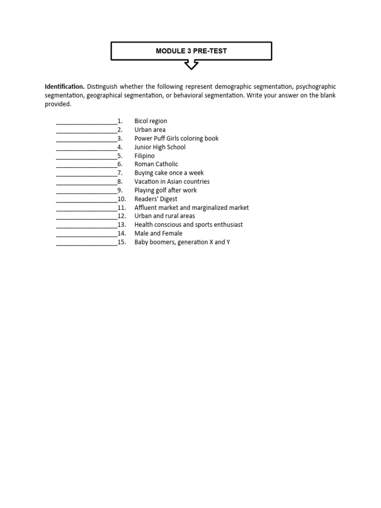 BM Module 3 Questionaire | PDF | Market Segmentation | Market (Economics)