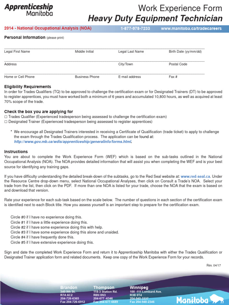 Work Experience Form for TQ/DT Applicants | PDF | Engines | Brake