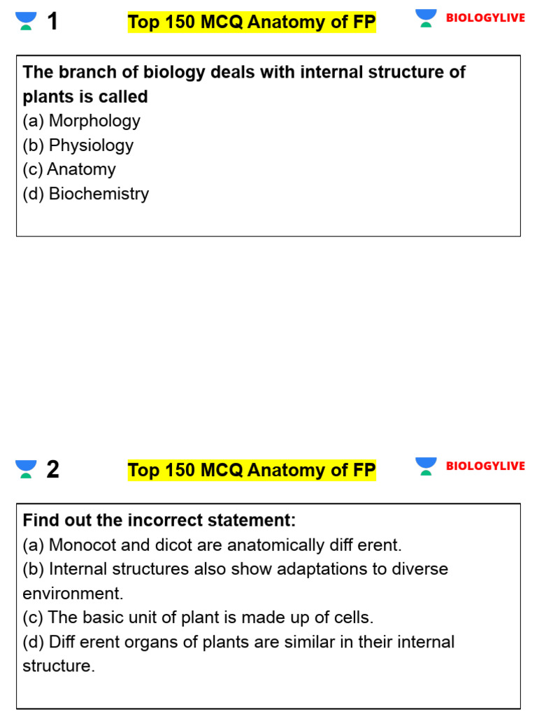 Top 150 MCQ Anatomy of FP | PDF | Tissue (Biology) | Plant Stem