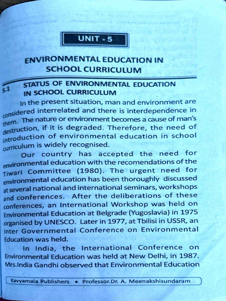 Environment Environment, Education in School Curriculum Unit-5 | PDF