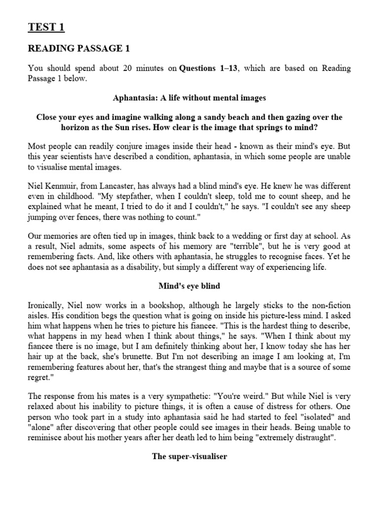 Reading Test 1 | Download Free PDF | Mental Image