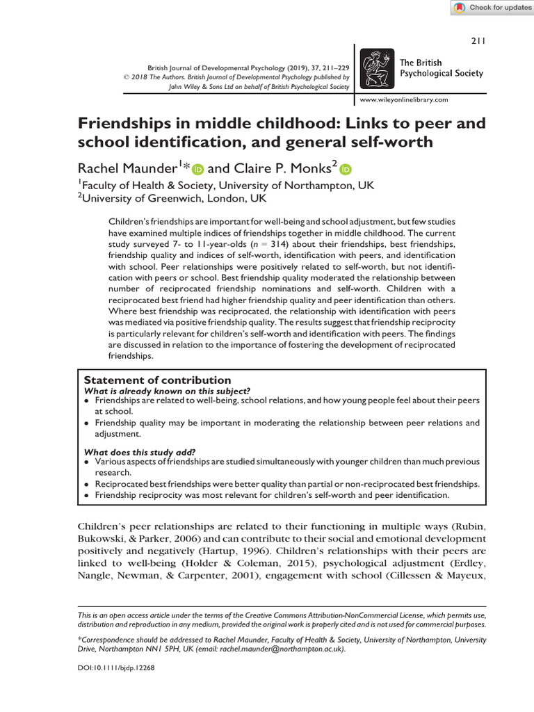 Friendships in Middle Childhood Links To Peer and School Identification ...