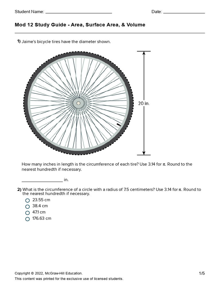 Mod 12 Study Guide (Area, Surface Area, Volume) | PDF | Area ...