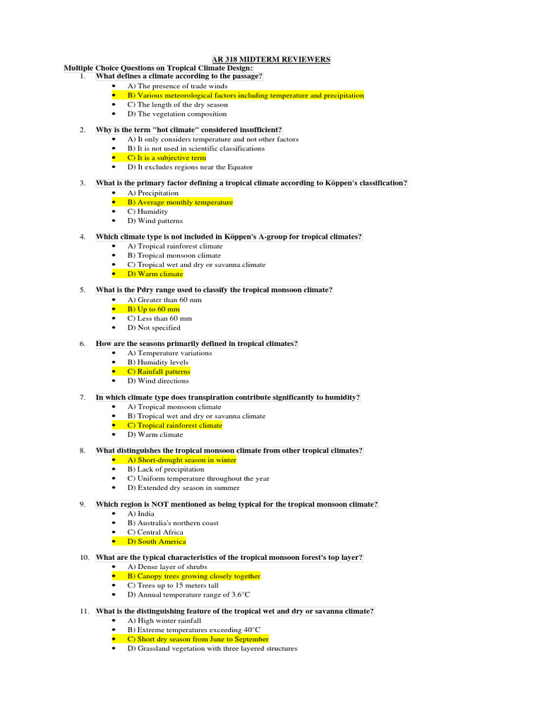 Multiple Choice Questions On Tropical Climate Design | PDF | Natural ...