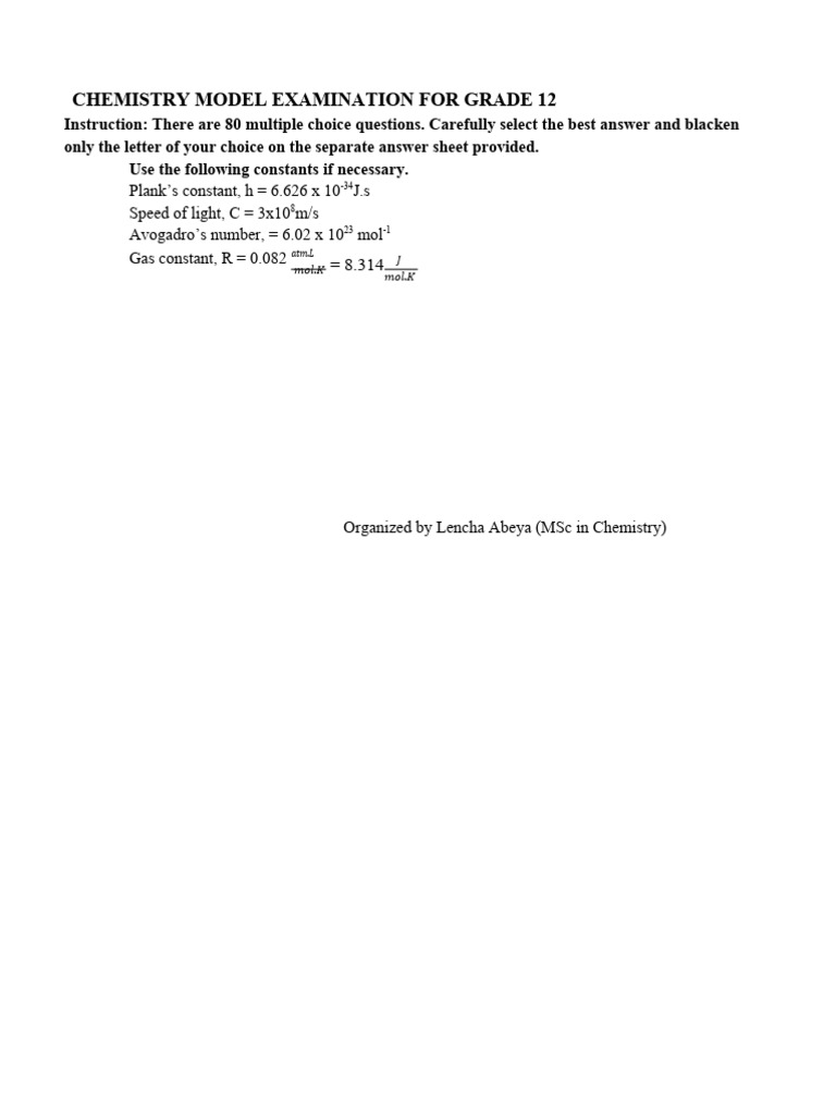 Chemistry Model Exam Grade !2 PDF | PDF | Chemical Bond | Atoms