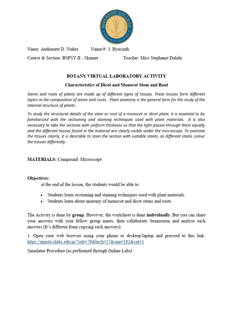 NATSCI002 Botany Lab Virtual Lab Roots Stem Midterm | PDF | Plant Stem ...