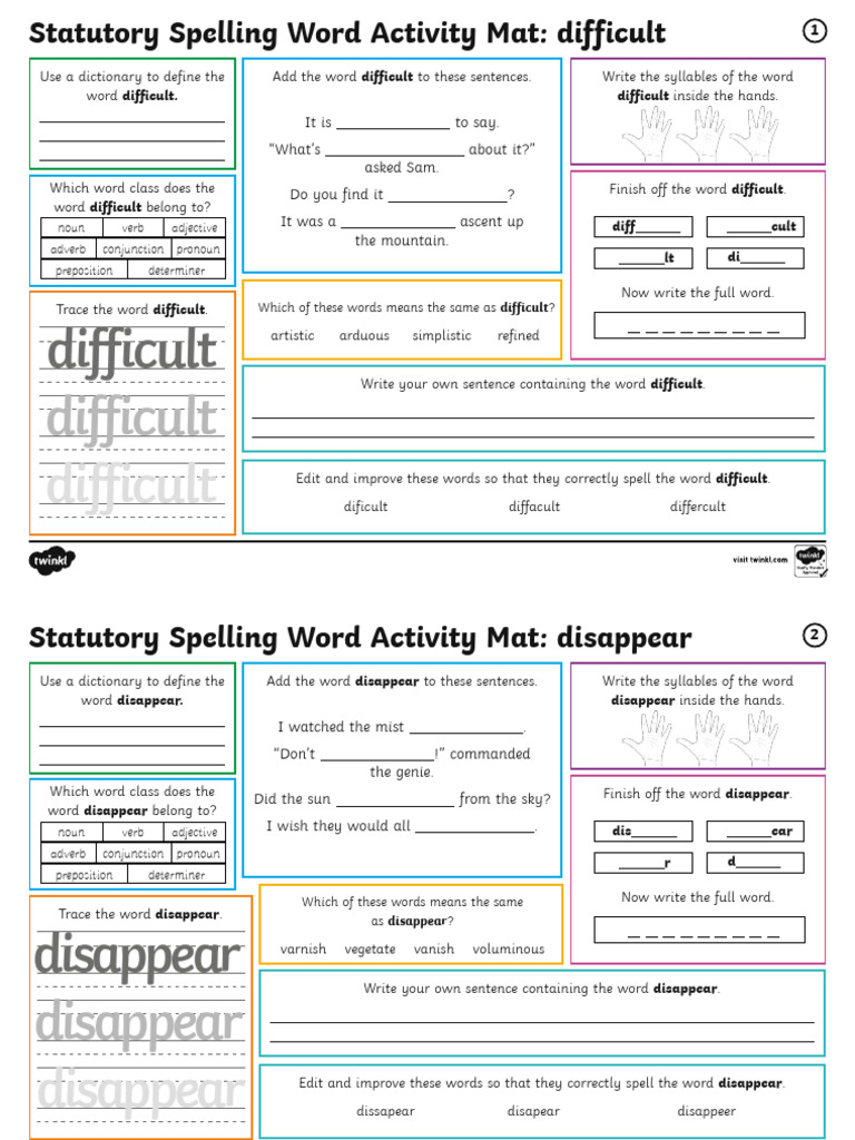 Year 3 and 4 Statutory Spelling Words Activity Mat Pack 6 | PDF | Word ...