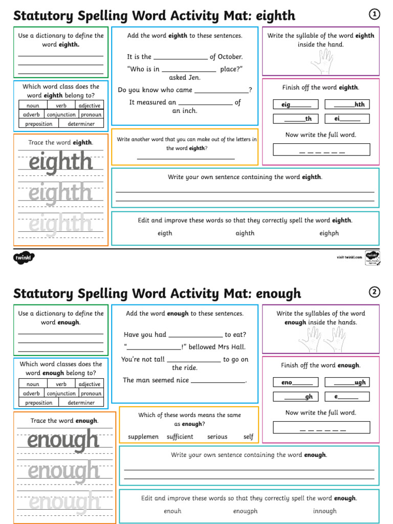 Year 3 and 4 Statutory Spelling Words Activity Mat Pack 7 | PDF