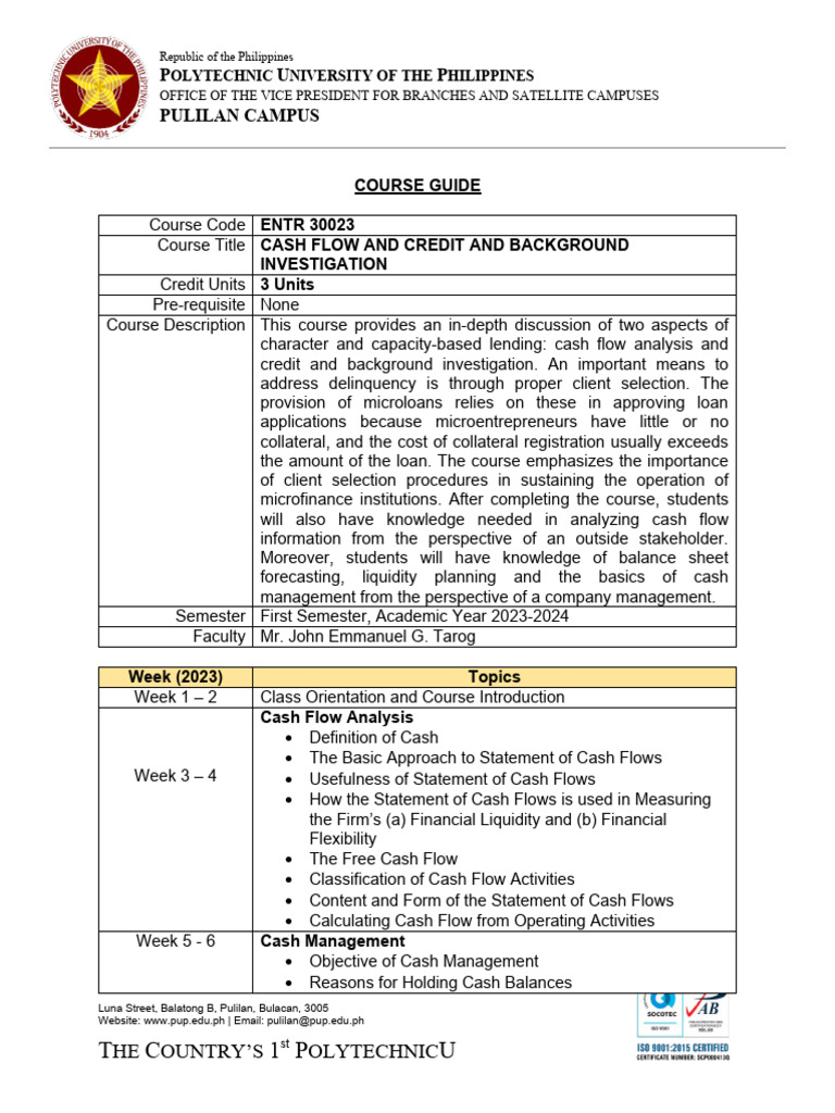 ENTR 30023 Course Guide AY2023-2024 Copy 2 | PDF | Credit | Finance & Money Management