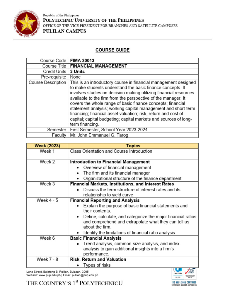 FIMA 30013 Course Guide AY2023-2024 | PDF | Valuation (Finance) | Investing