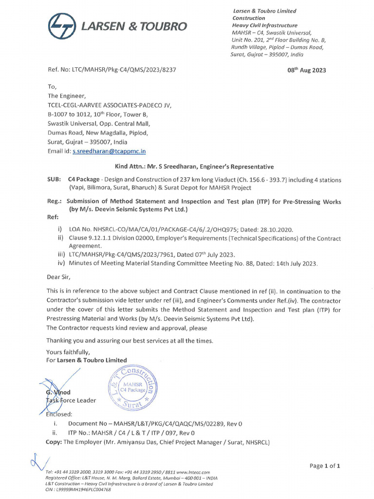Submission of Method Statement and Inspection and Test Plan (ITP) For ...
