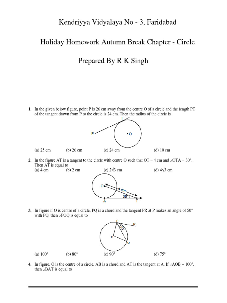 Maths-Class-X-Holiday Homework Autumn Break Circle | PDF | Circle ...
