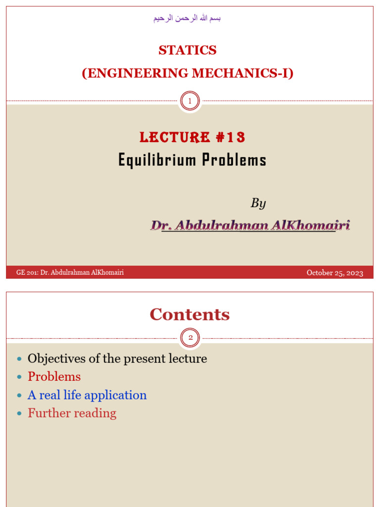 GE 201-Lecture-13 (Equilibrium Problems) | PDF | Physics | Mechanical Engineering