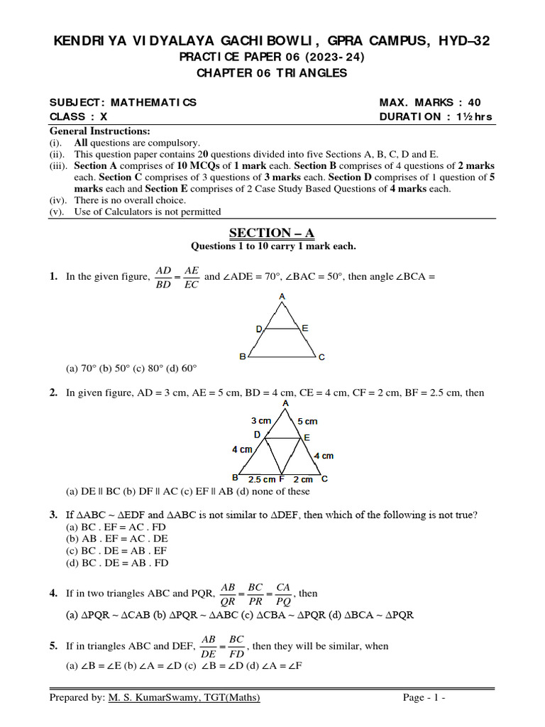 Maths Class X Chapter 06 Triangles Practice Paper 06 | PDF | Euclidean Plane Geometry | Geometry