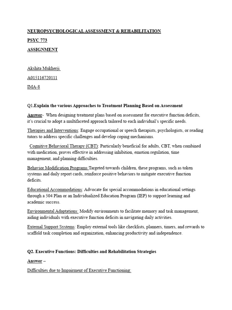 Neuro Rehab Assignment | PDF | Attention Deficit Hyperactivity Disorder | Executive Functions