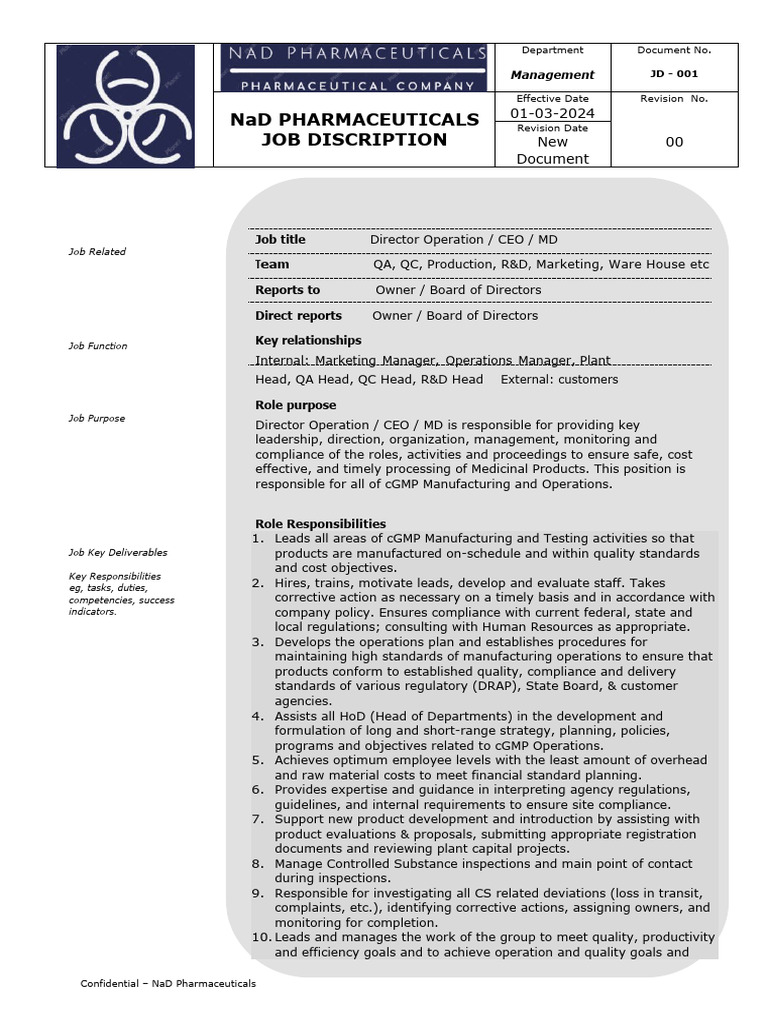 JD-001 Job Discription of Director Operation CEO MD | PDF | Regulatory Compliance | Quality ...