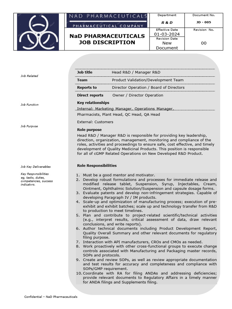 JD-005 Job Discription of Head R&D Manager R&D | Download Free PDF ...