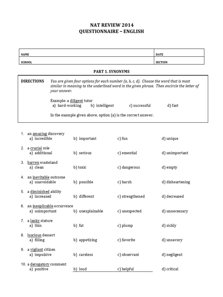 English NAT Review Questionnaire 2014 | PDF