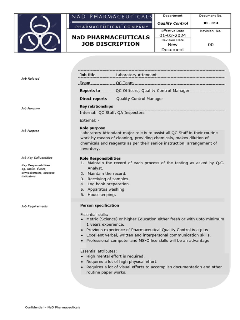 JD-014 Job Discription of Lab. Attendant | Download Free PDF | Laboratories