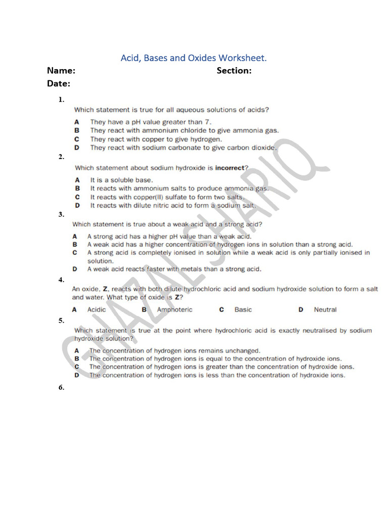 Acids Bases Oxides Worksheet 1 | PDF | Science & Mathematics