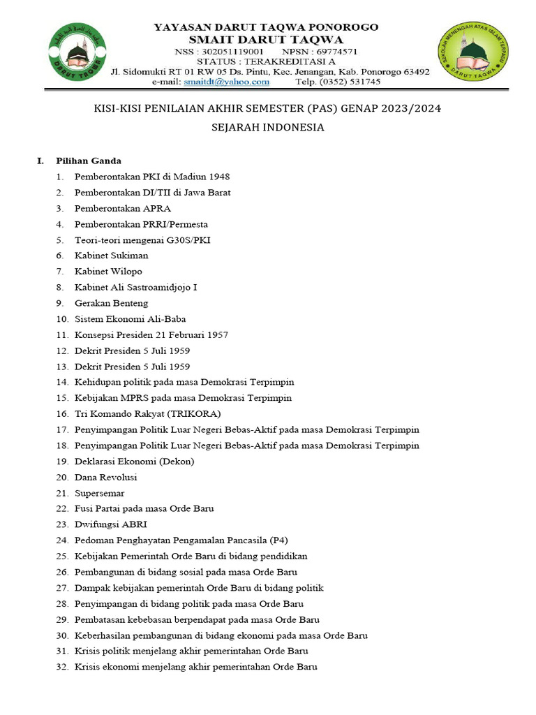 Kisi-Kisi PAS Genap Sejarah Indonesia Kelas 12 | PDF