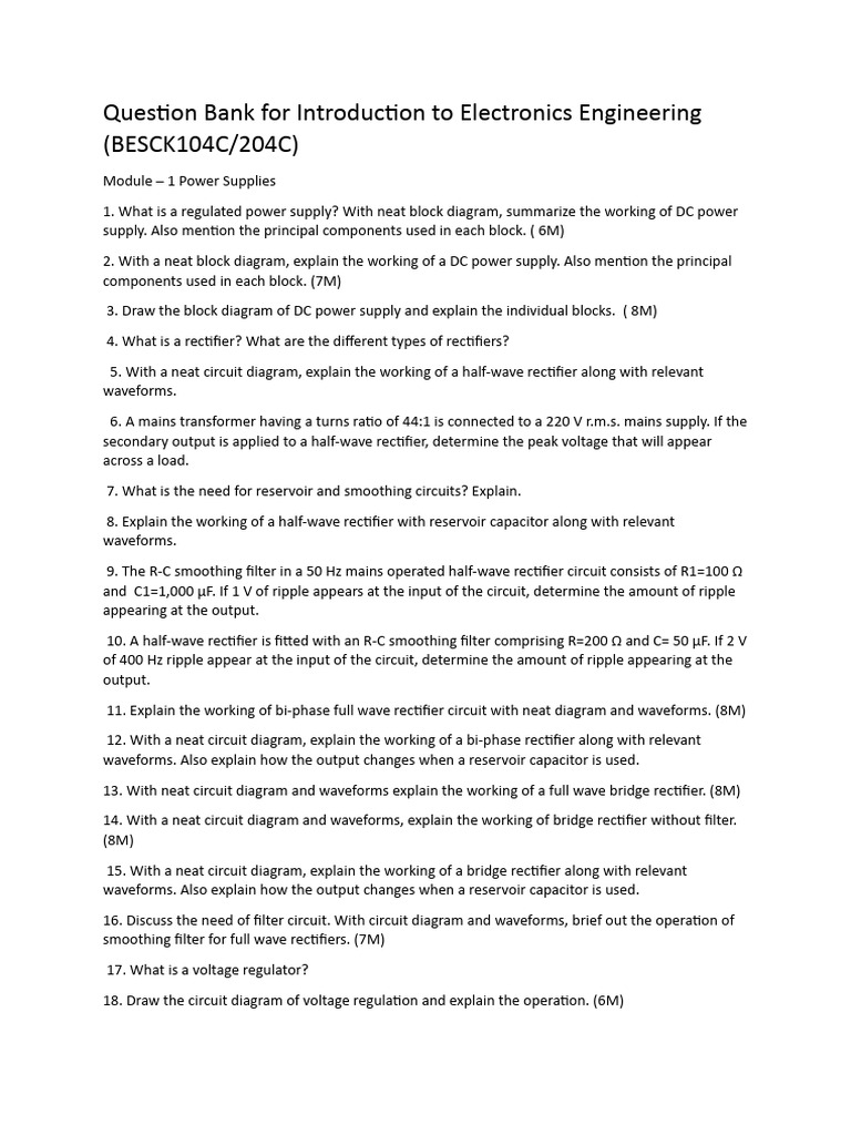 Question Bank For Introduction To Electronics Engineering | PDF | Rectifier | Power Supply