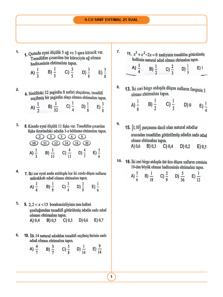 9-Cu Sinif Ehtimal 25 Sual | PDF