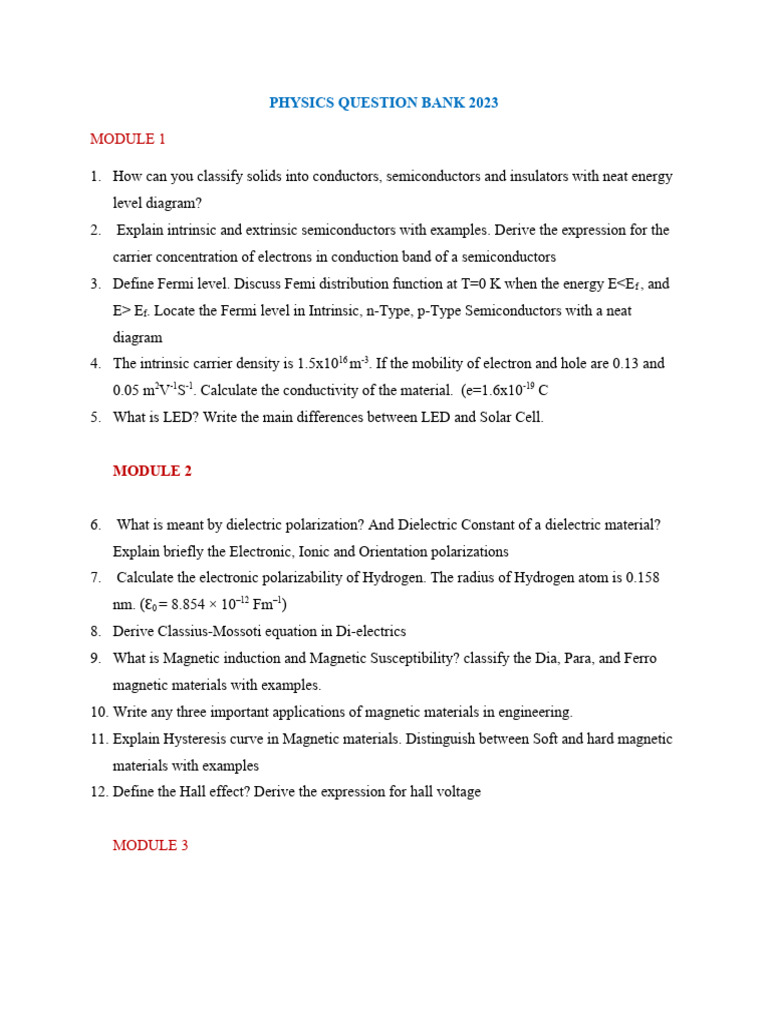 Physics Question Bank 2023 - KVK | PDF | Crystal Structure | Semiconductors