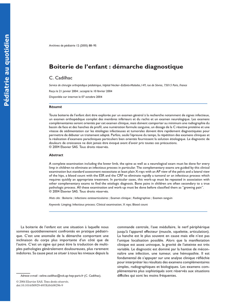 Boiterie de L'enfant - Démarche Diagnostique (Archives de Pédiatrie ...