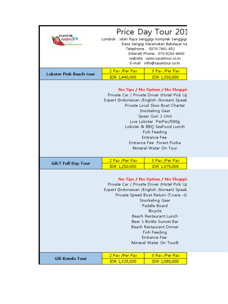 Day Tour Price List For Guest | PDF | Indonesian Cuisine | Cuisine