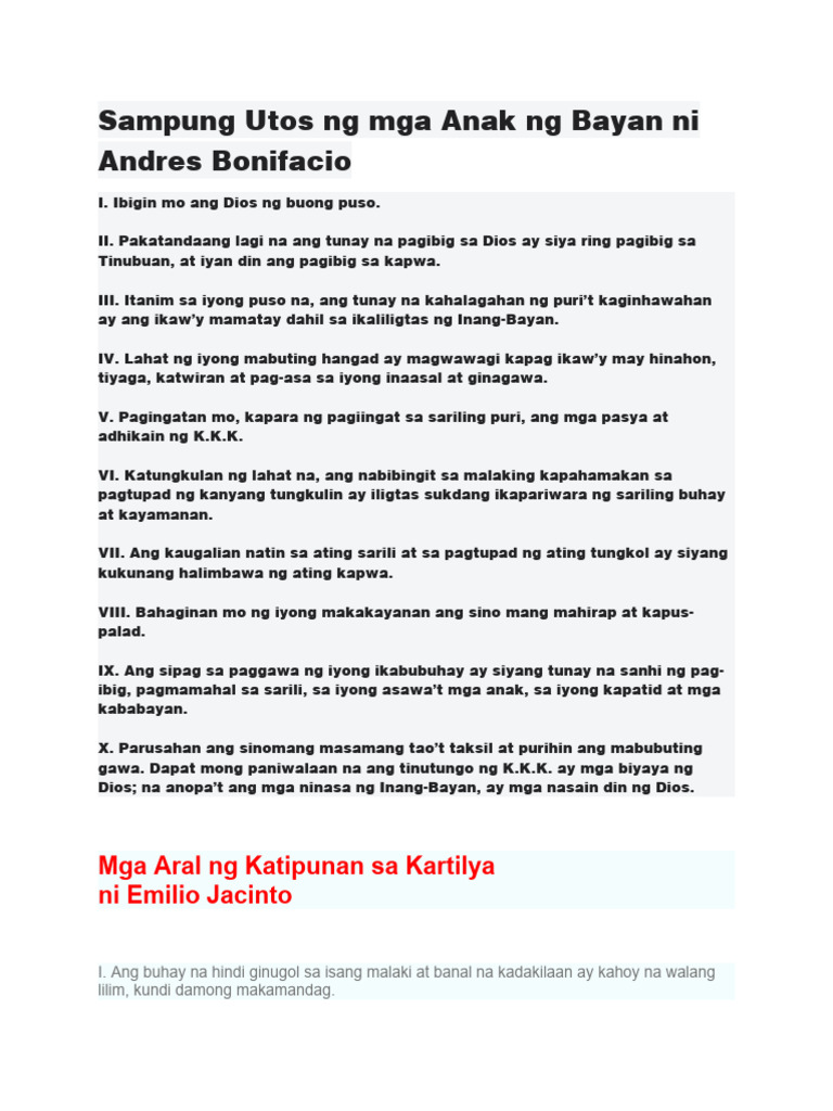Sampung Utos NG Mga Anak NG Bayan Ni Andres Bonifaci0 0 EMILIO JACINTO | PDF