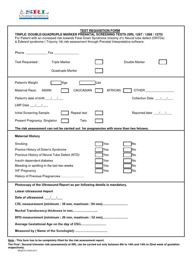 Prenatal Screening Test Requisition Form | PDF | Pregnancy | Diseases ...