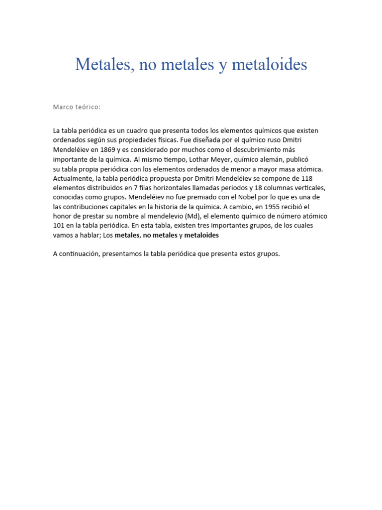 Metales, No Metales y Metaloides en Química | PDF | Tabla periódica ...