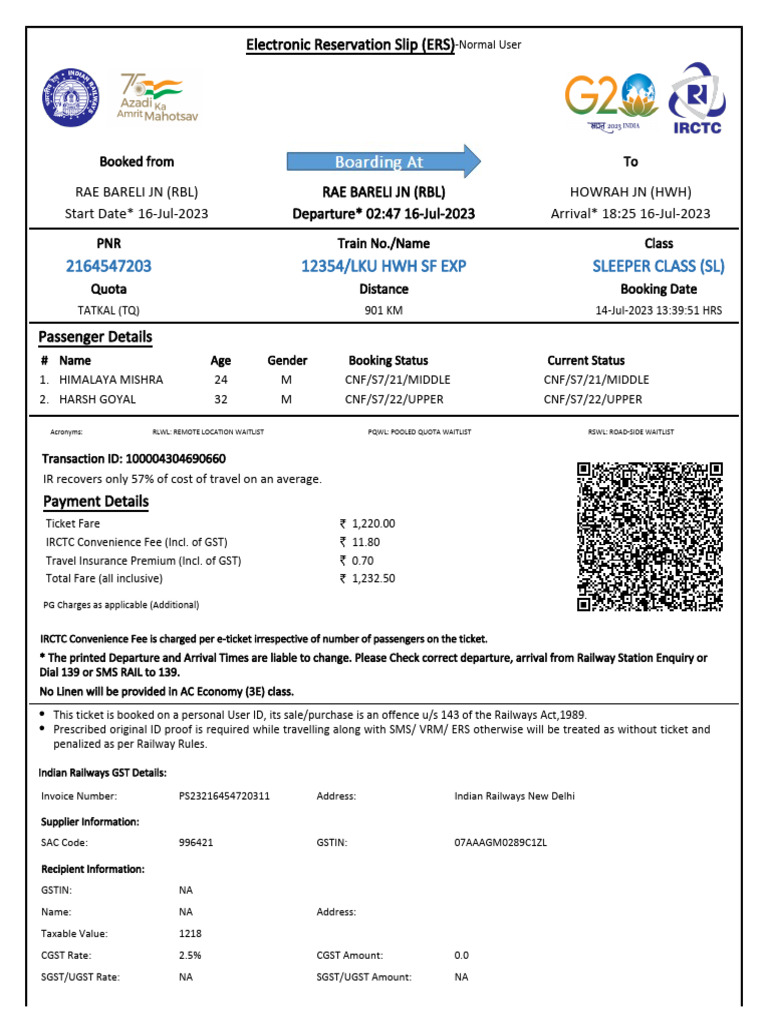 12354/lku HWH SF Exp Sleeper Class (SL) | PDF | Identity Document