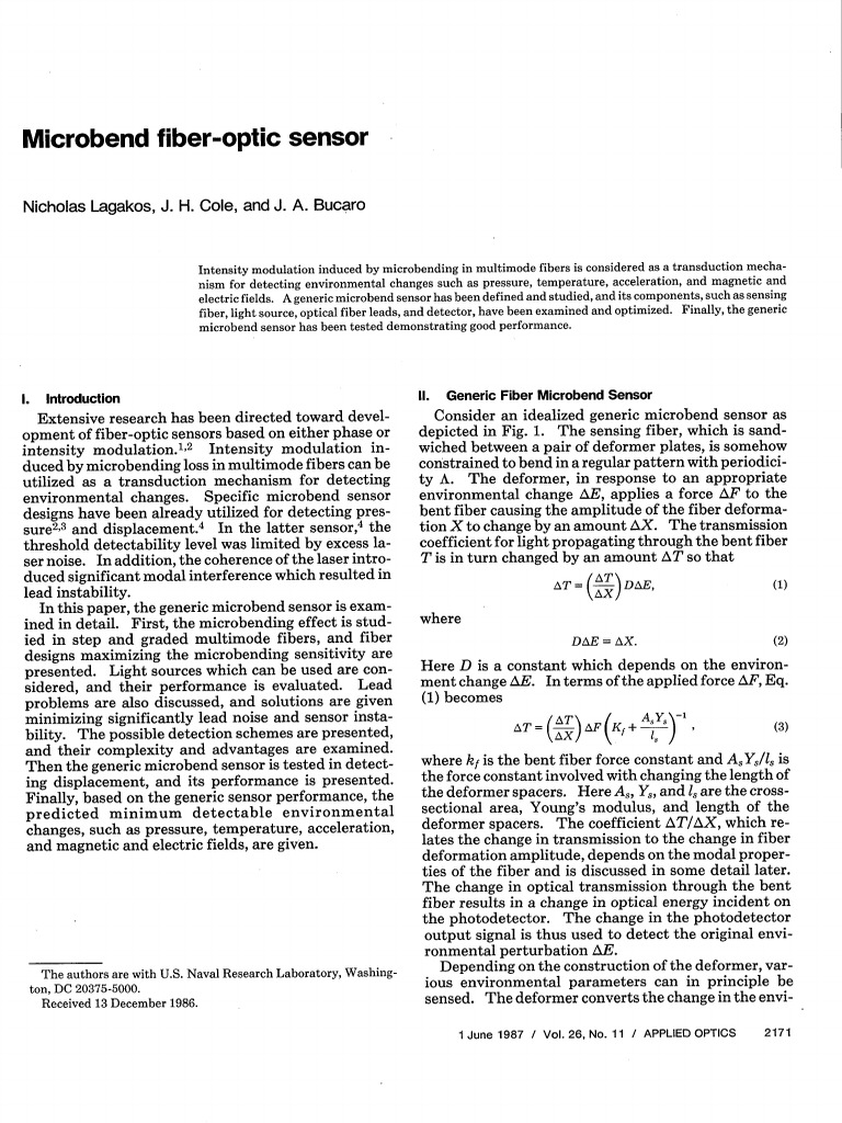 Microbend Fiber-Optic Sensor: Nicholas Lagakos, J. H. Cole, and J. A. Bucaro | PDF | Optical ...