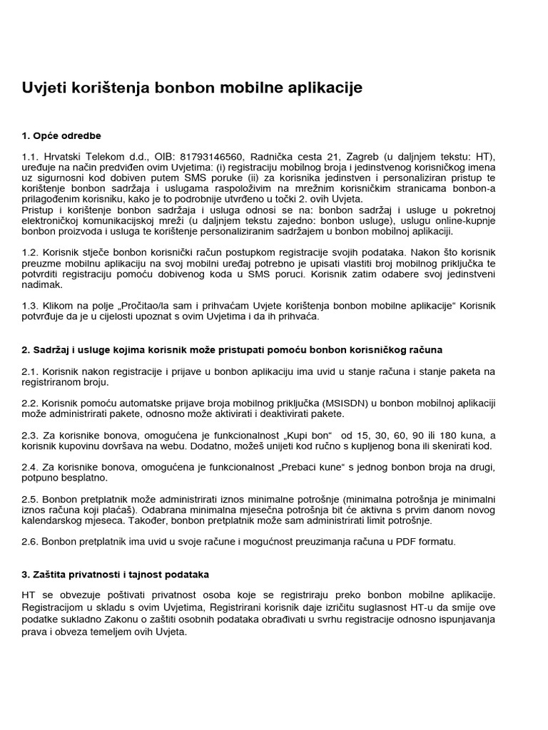 Uvjeti Koristenja Bonbon Mobilne Aplikacije | PDF