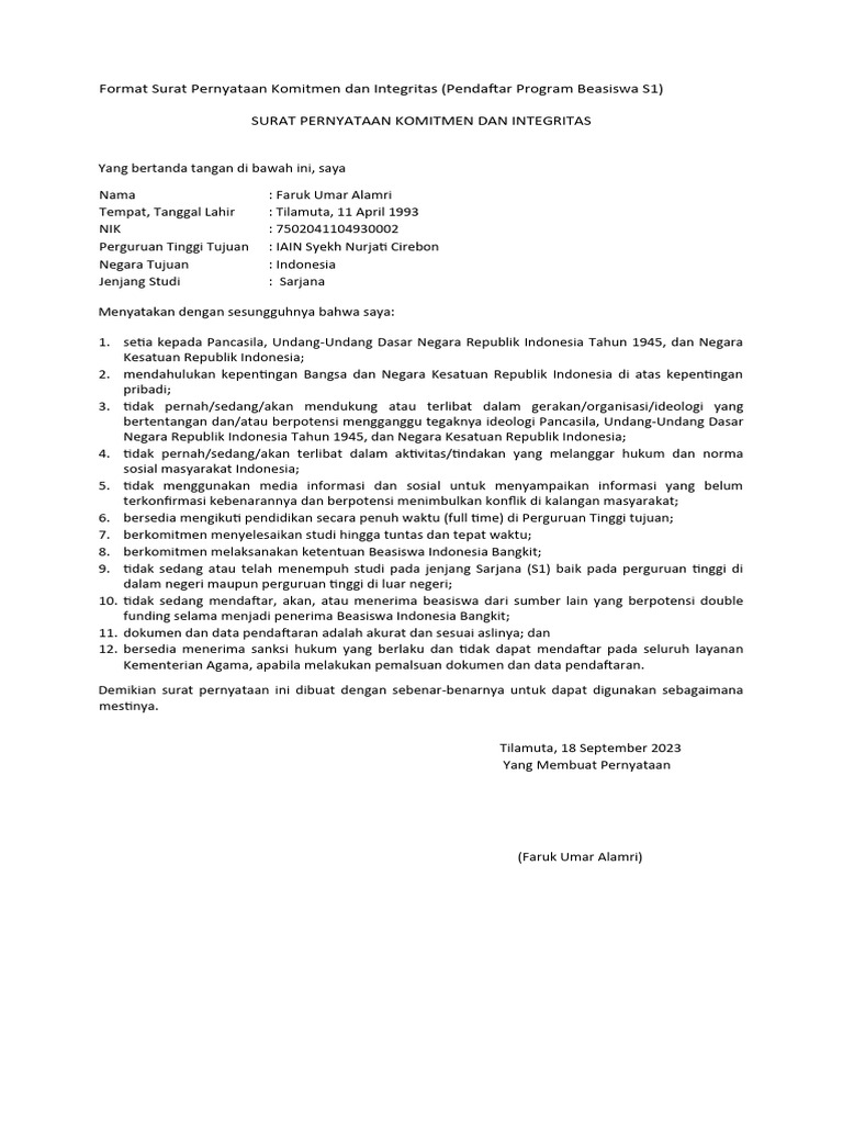 01-Format-Surat-Pernyataan-Komitmen-Dan-Integritas-Pendaftar-Program ...
