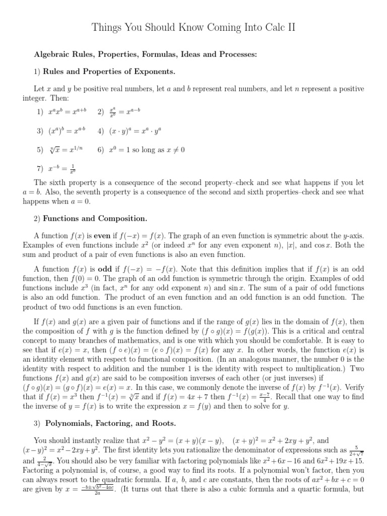 Calc II Review | PDF | Function (Mathematics) | Quadratic Equation