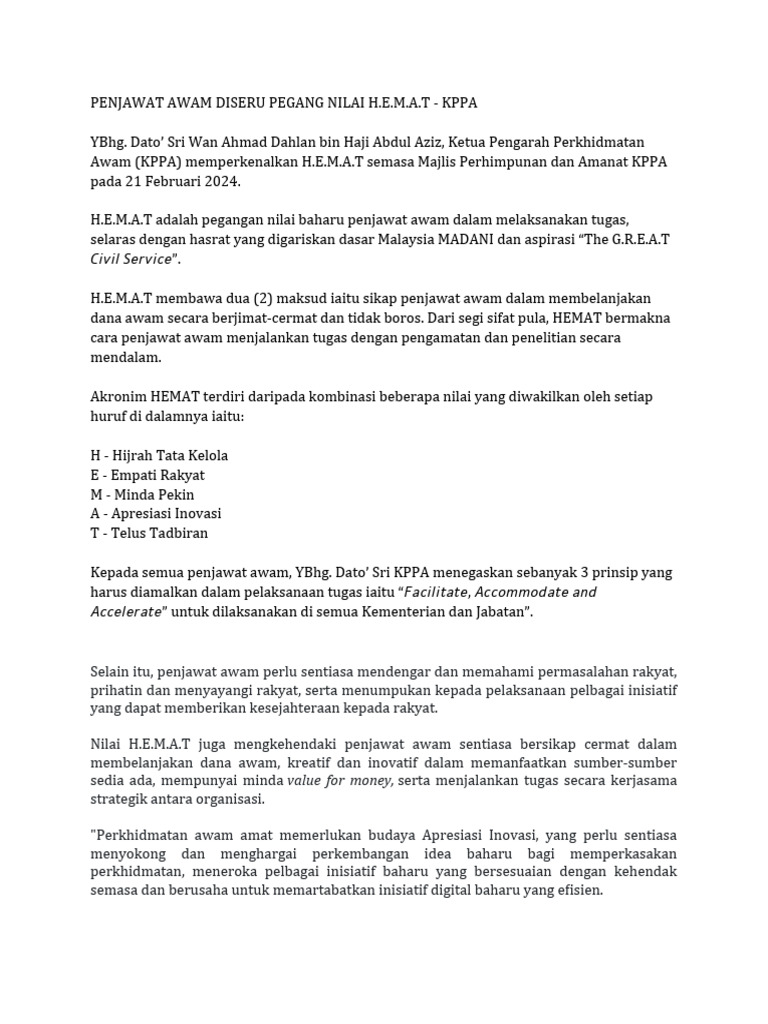 Penjawat Awam Diseru Pegang Nilai Hemat | PDF