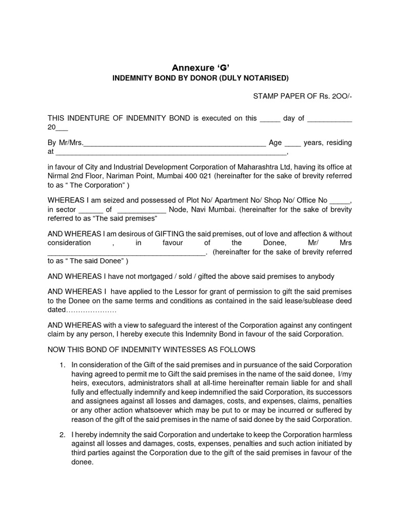 Indemnity Bond for Property Gift | PDF | Indemnity | Lease